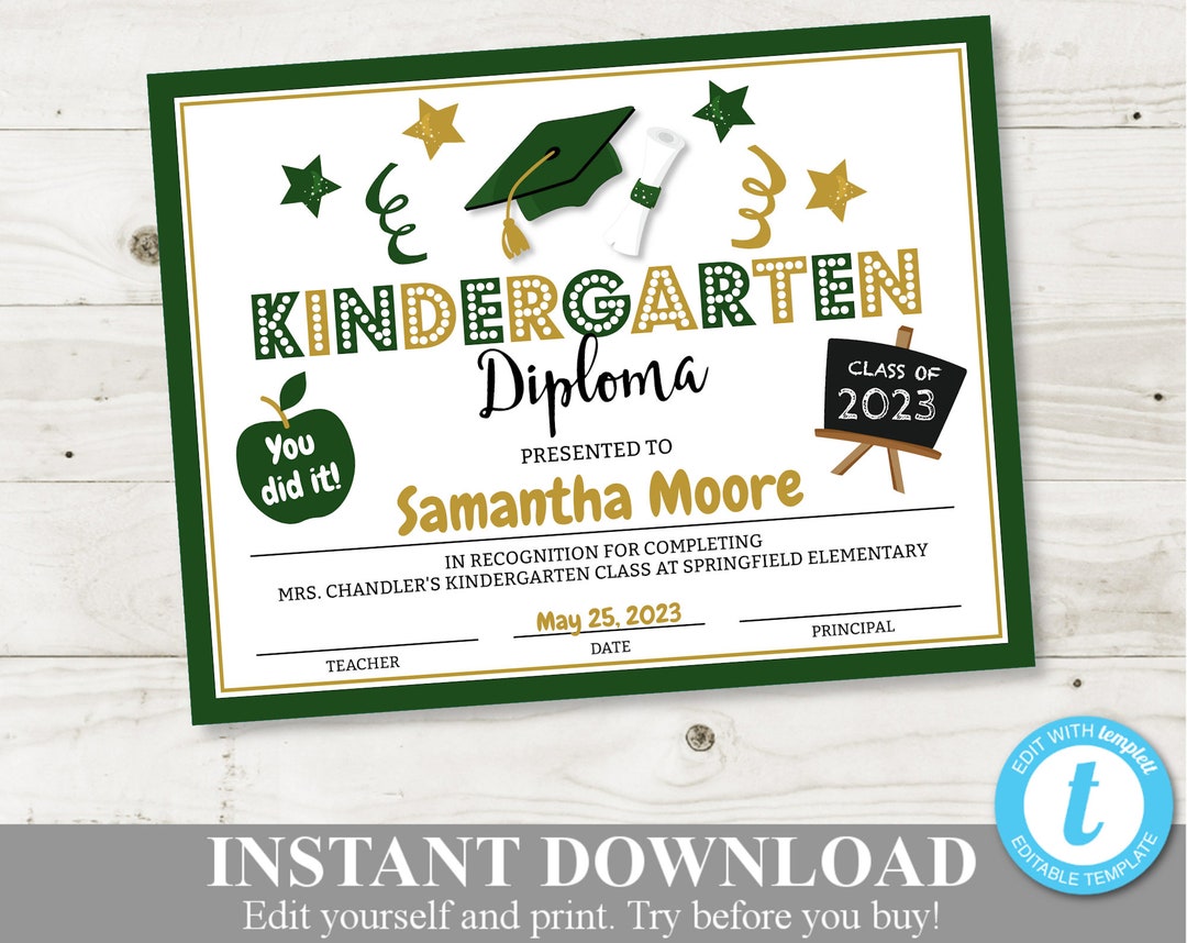 INSTANT DOWNLOAD Printable Kindergarten Graduation Green Gold Diploma ...