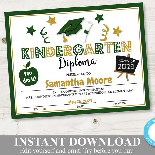 EDITABLE Kindergarten Graduation Diploma Printable - Etsy
