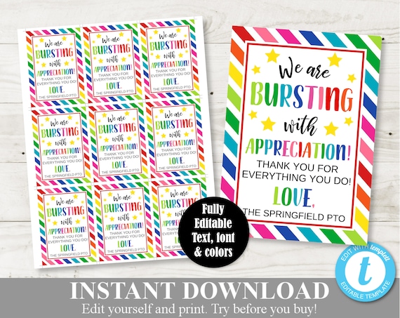INSTANT DOWNLOAD Editable 2.5"x3.5"We Are Bursting with Appreciation ...
