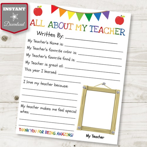 All About My Teacher INSTANT Download Teacher Appreciation - Etsy
