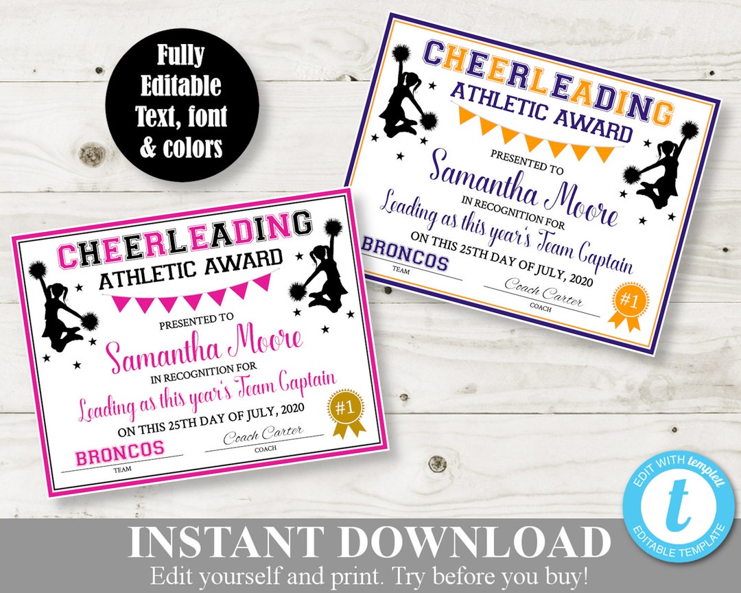 INSTANT DOWNLOAD Printable Cheerleading 8.5x11 Certificate / Award ...