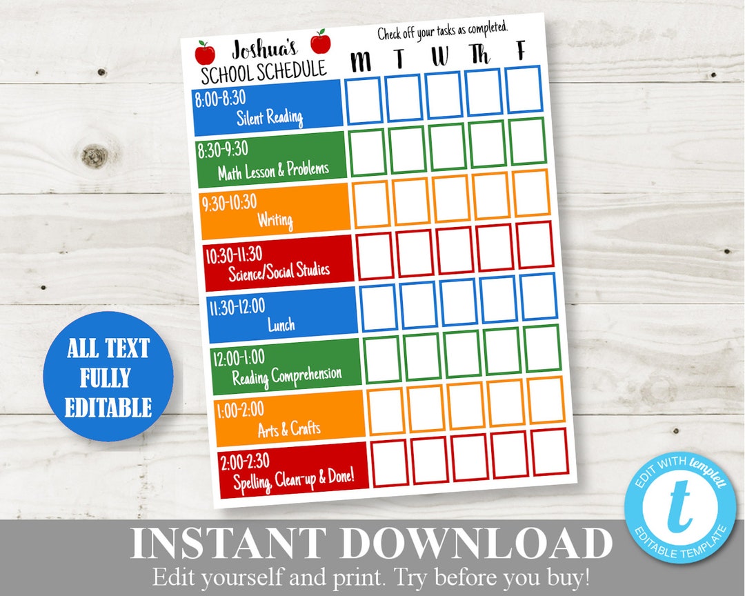 INSTANT DOWNLOAD Printable Weekly School Schedule / Editable - You Type ...