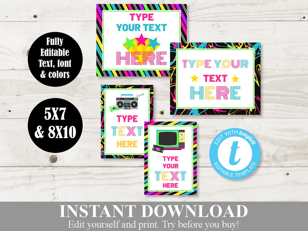 INSTANT DOWNLOAD 80s Themed 5x7 and 8x10 Editable Sign Templates ...