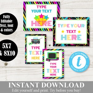 INSTANT DOWNLOAD 80s Themed 5x7 and 8x10 Editable Sign Templates ...