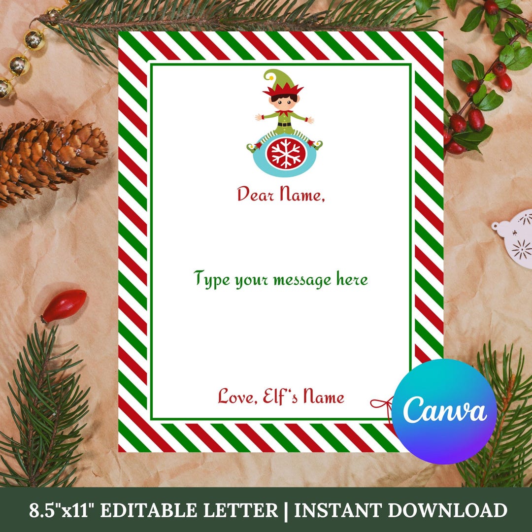 Editable 8.5x11 Boy Elf Letterhead, Edit on Canva, You Type Names ...