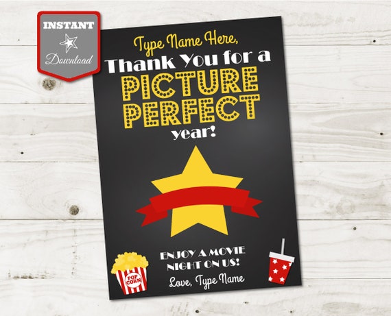 INSTANT DOWNLOAD Printable 5x7 Editable Movie Night Teacher Gift Card ...
