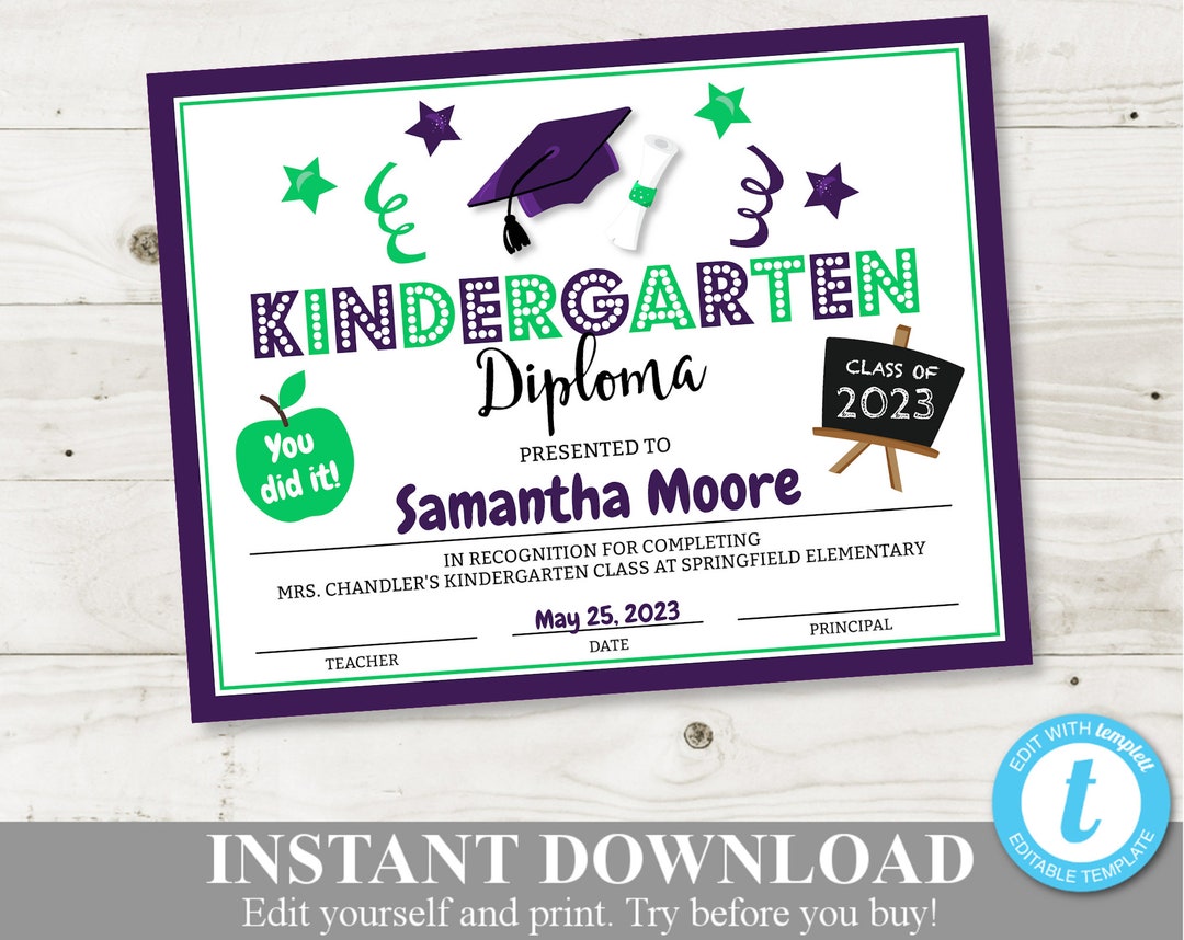 INSTANT DOWNLOAD Printable Kindergarten Graduation Purple - Etsy