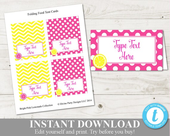 INSTANT DOWNLOAD Pink Lemonade Editable Folding Food Tent / Place Cards ...