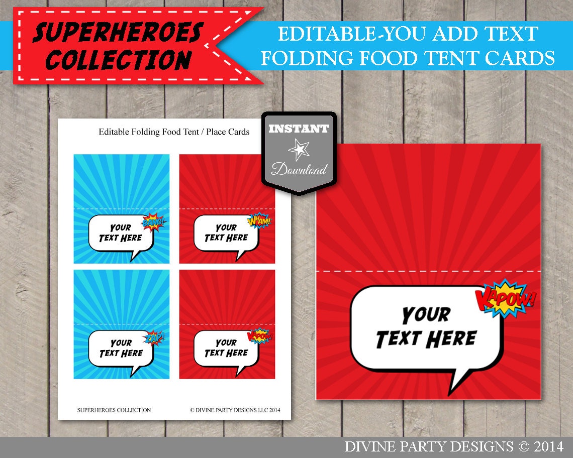 INSTANT DOWNLOAD Editable Superhero Folding Food Tent / Place | Etsy