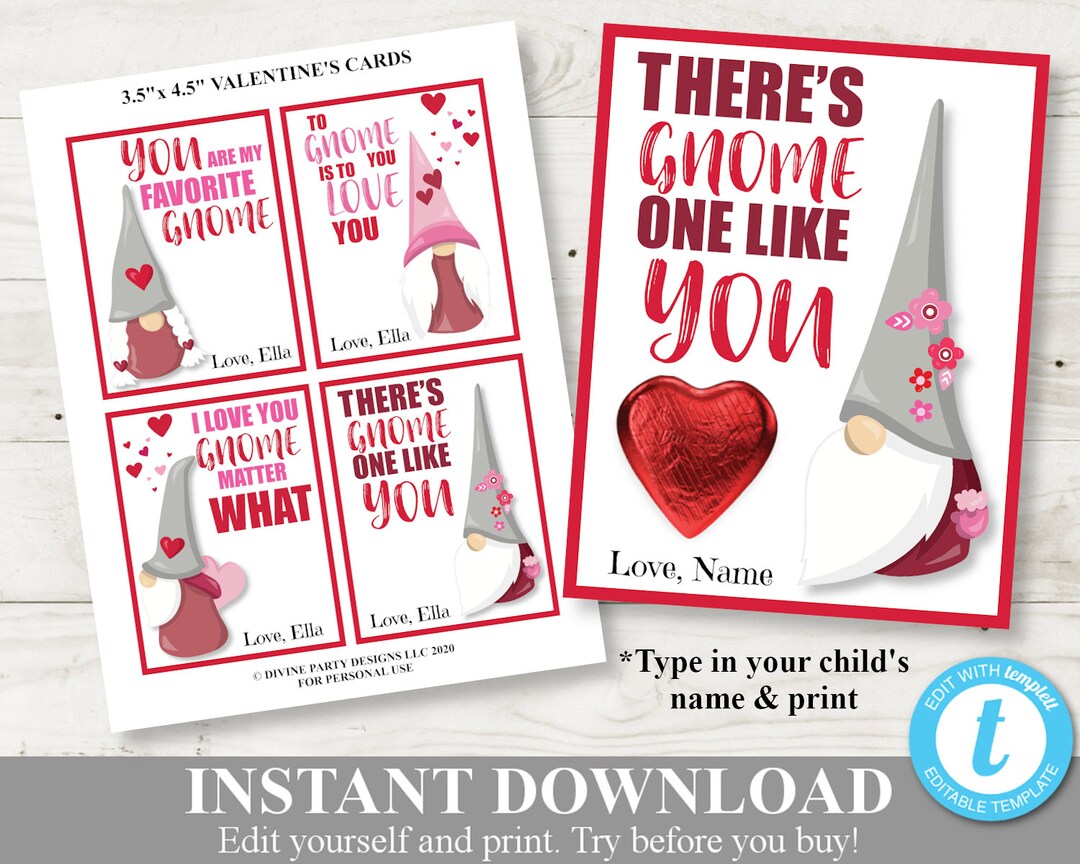 INSTANT DOWNLOAD Gnome 3.5"x4.5" Printable Valentine's Day Printable ...