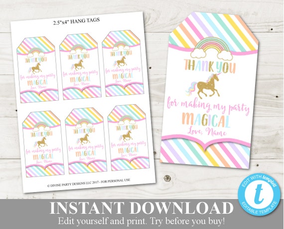 INSTANT DOWNLOAD Printable Unicorn 2.5"x4" Editable Party Hang Tags ...