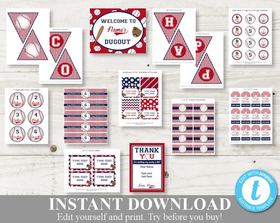 INSTANT DOWNLOAD Printable Baseball Birthday Party Package / Editable ...
