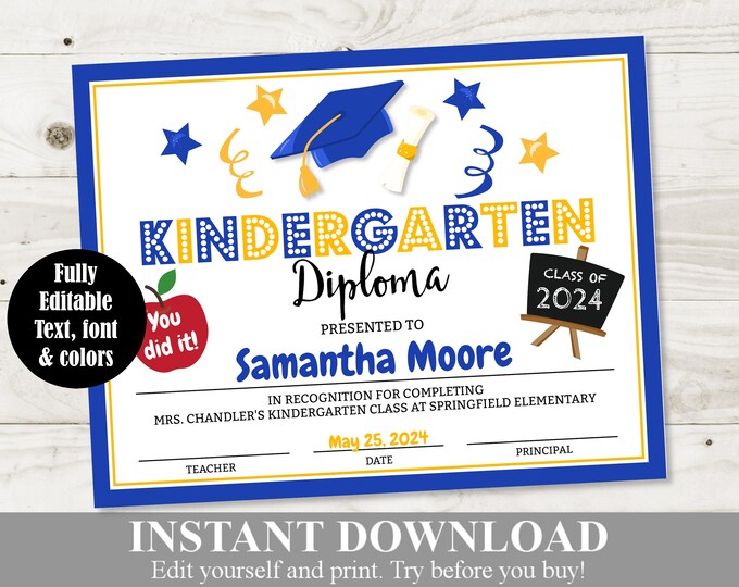 INSTANT DOWNLOAD Printable Kindergarten Graduation Blue Yellow Diploma ...