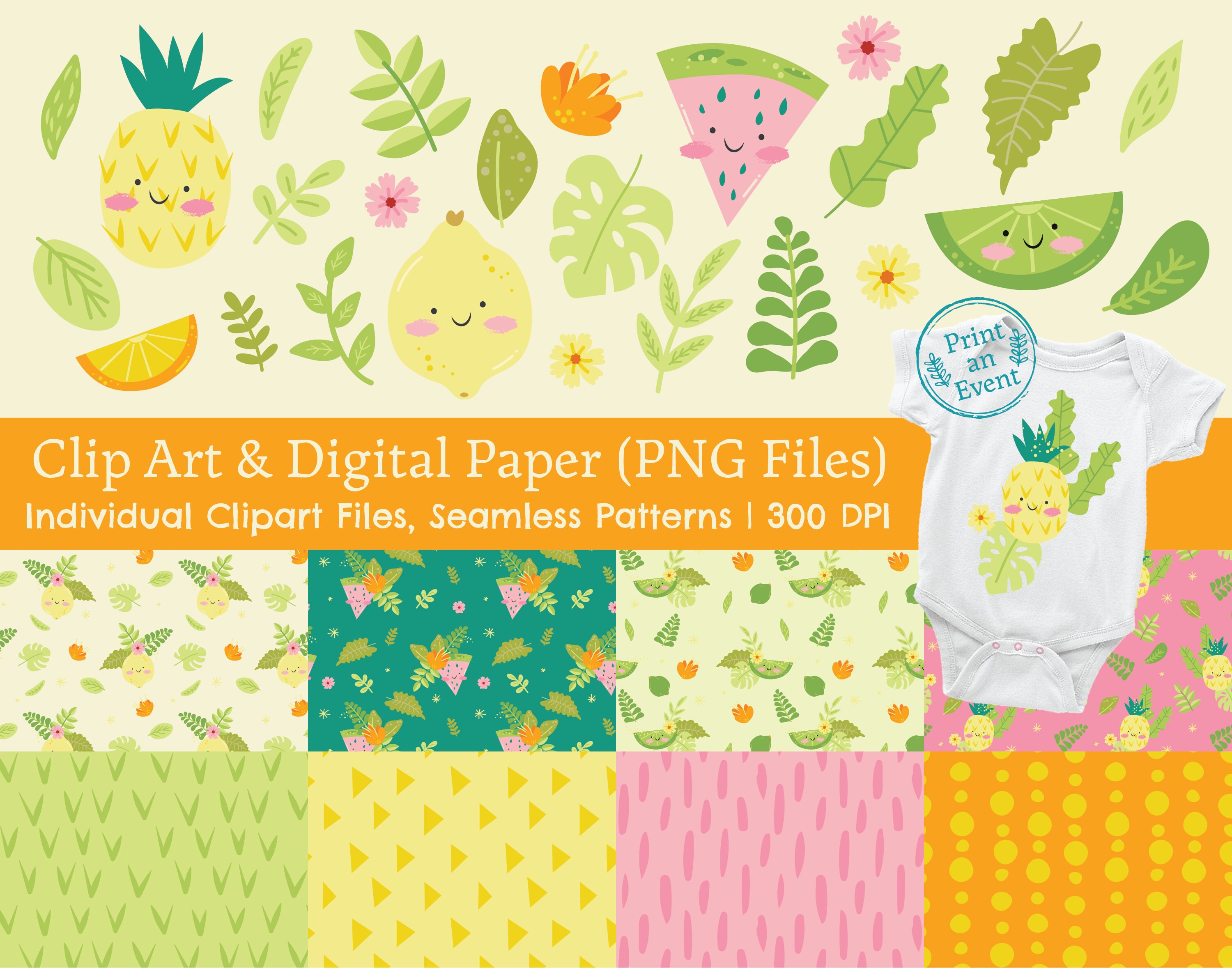 Summer Fruit Digital Paper Seamless Patterns & Clipart Elements Set PNG ...