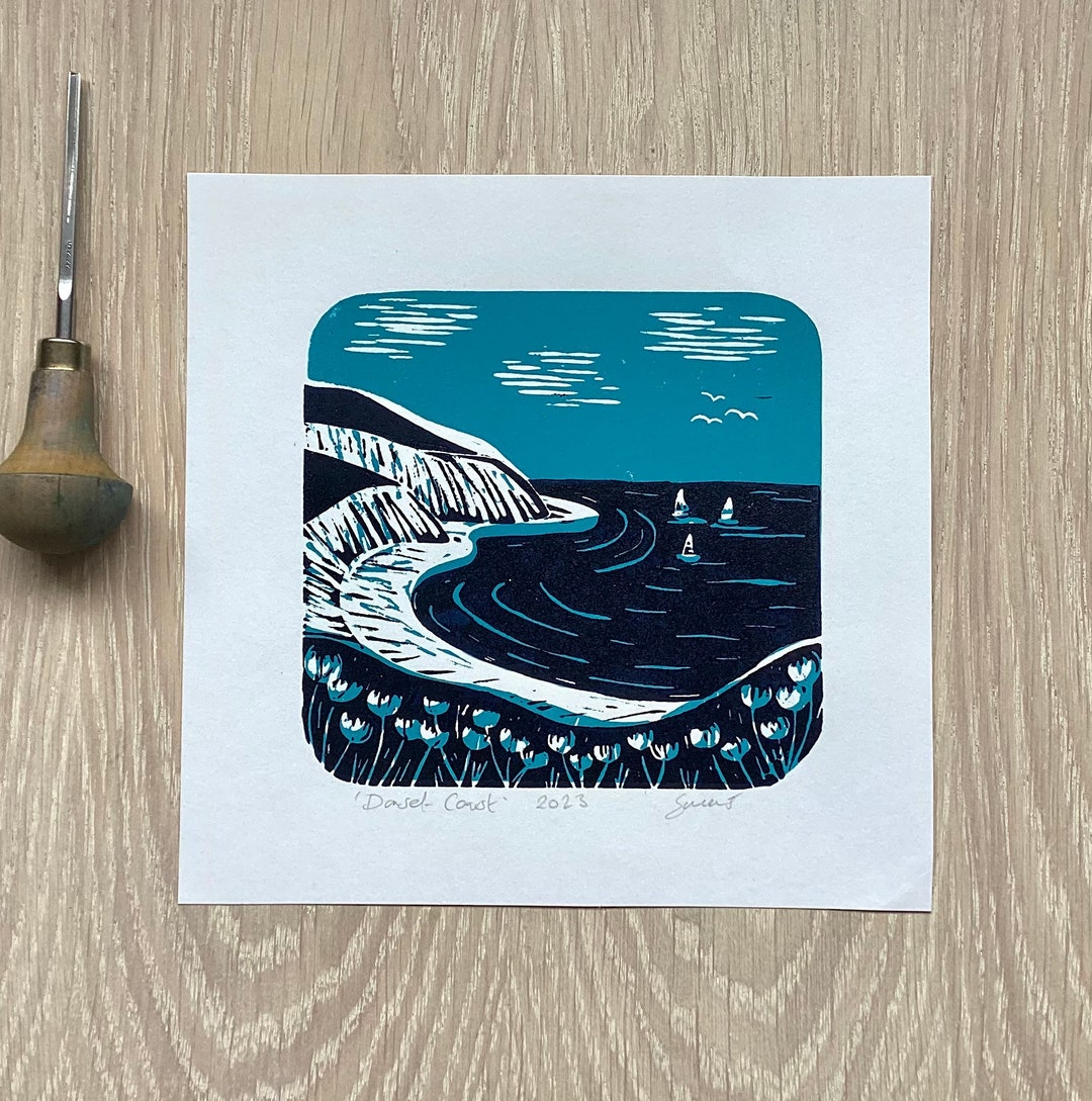 Dorset Coast Linocut Art Print: Coastal Boat Scene - Etsy UK