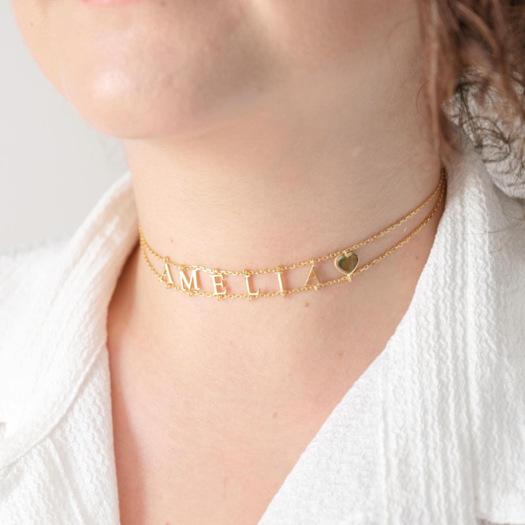 Custom Letter Choker Necklace, Double Layer Name Choker, Dainty Initial ...