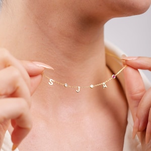 14K Solid Gold Initial Necklace, Personalized Birthstone Letter Pendant ...