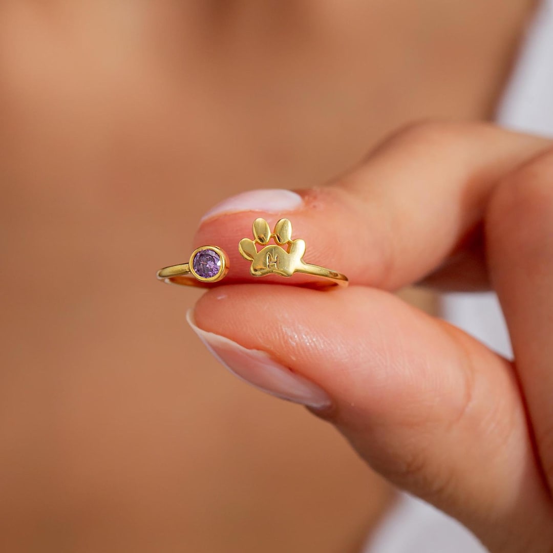 Custom Engraved Paw Birthstone Ring, Gift for Pet Lovers, Initial and ...