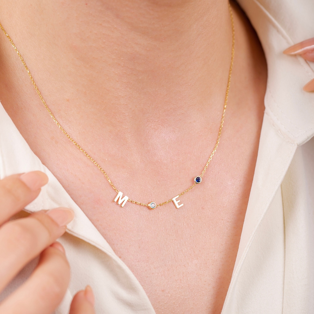 14K Solid Gold Birthstone Letter Necklace, Personalized Birthstone ...