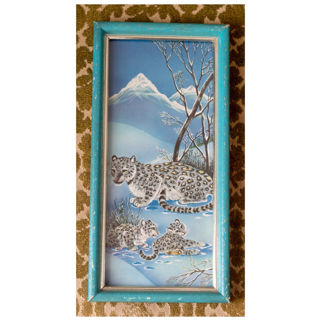 Vintage Snow Leopard Winter Scene Print Framed With Glass 1970s Boho ...