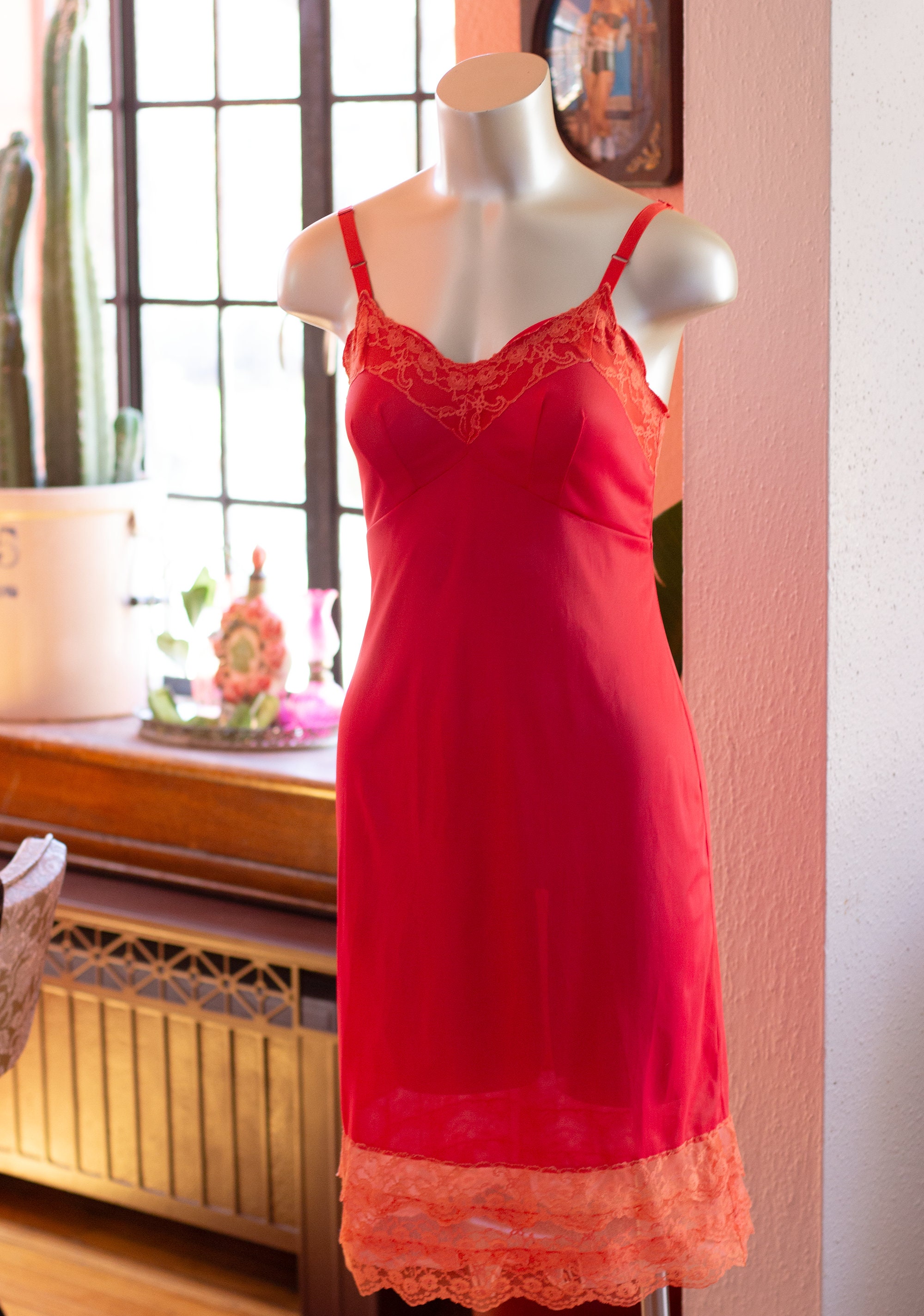 Vintage Lace Slip Dress Hot Pink Orange Vintage Lingerie Etsy