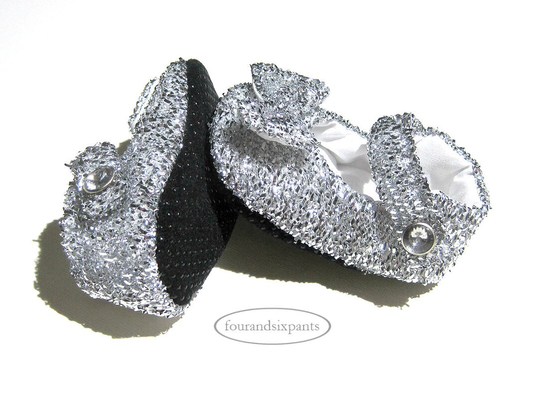 Sparkly Silver Baby Shoes With Bows | Handmade Mary Jane Style ...