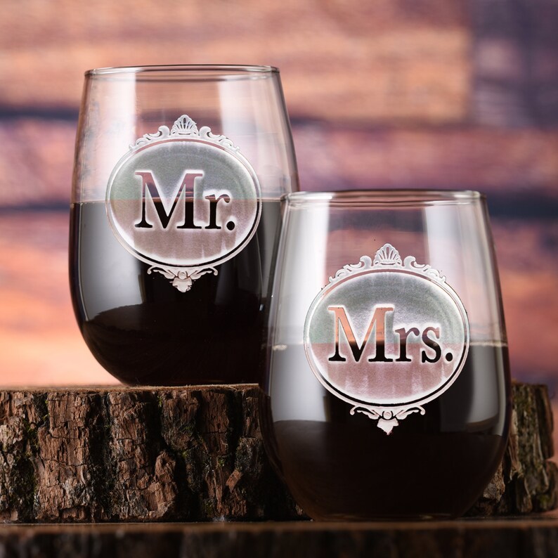 Mr And Mrs Stemless Wine Glass Set Wedding Ts For Bride Etsy