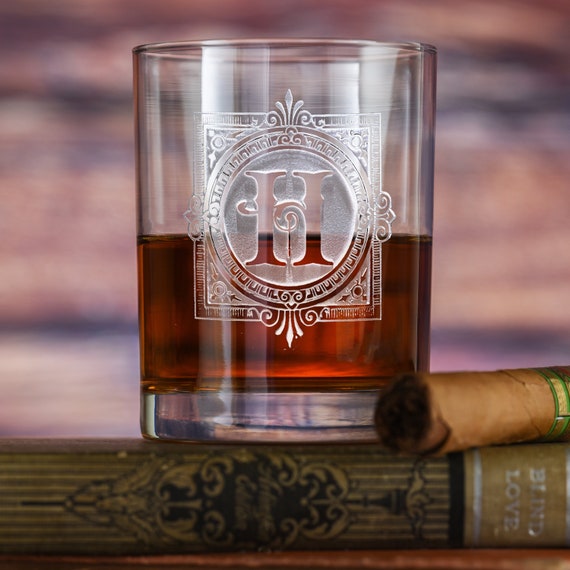 Monogrammed Personalized Etched Whiskey Scotch Bourbon Old Fashion Glass Custom Whiskey Glass