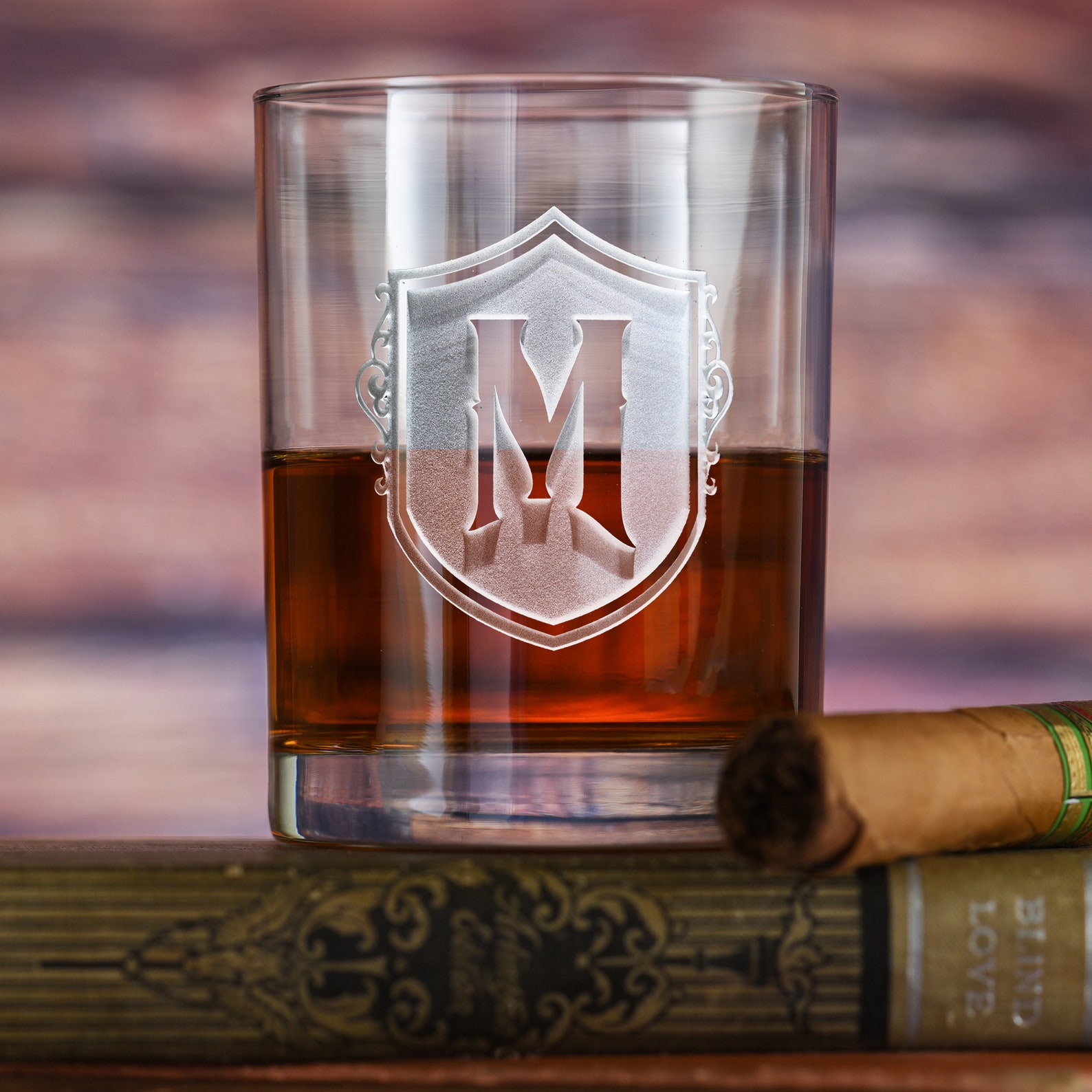 Monogram Etched Shield Scotch Whisky Rocks Glass SET OF 2 | Etsy