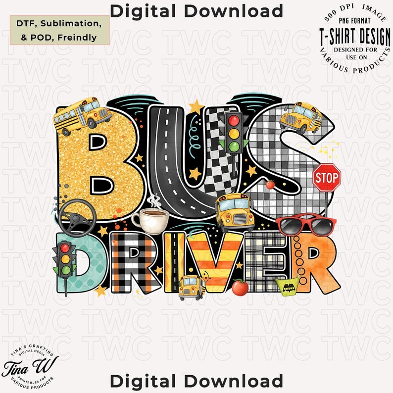 Bus Driver PNG Sublimation Design: School Bus, Coffee Lover (digital ...