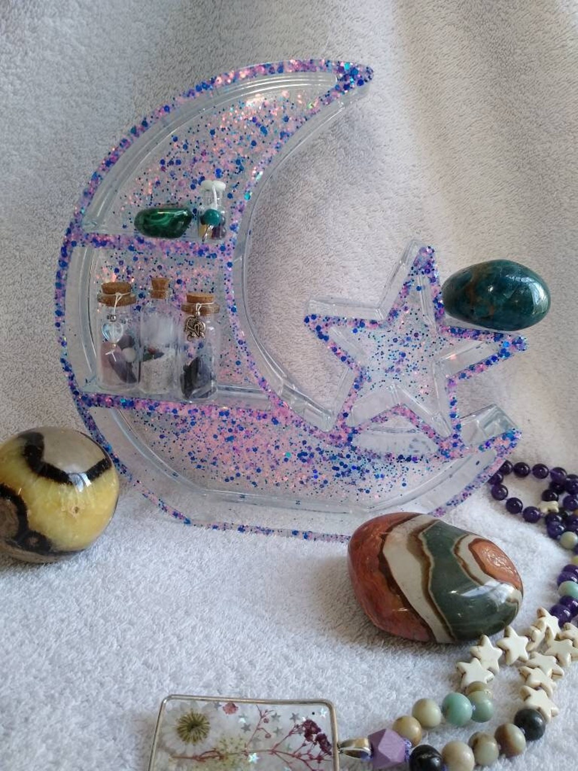 Pink and Blue Colored Resin Moon and Star Shelf Crystal | Etsy