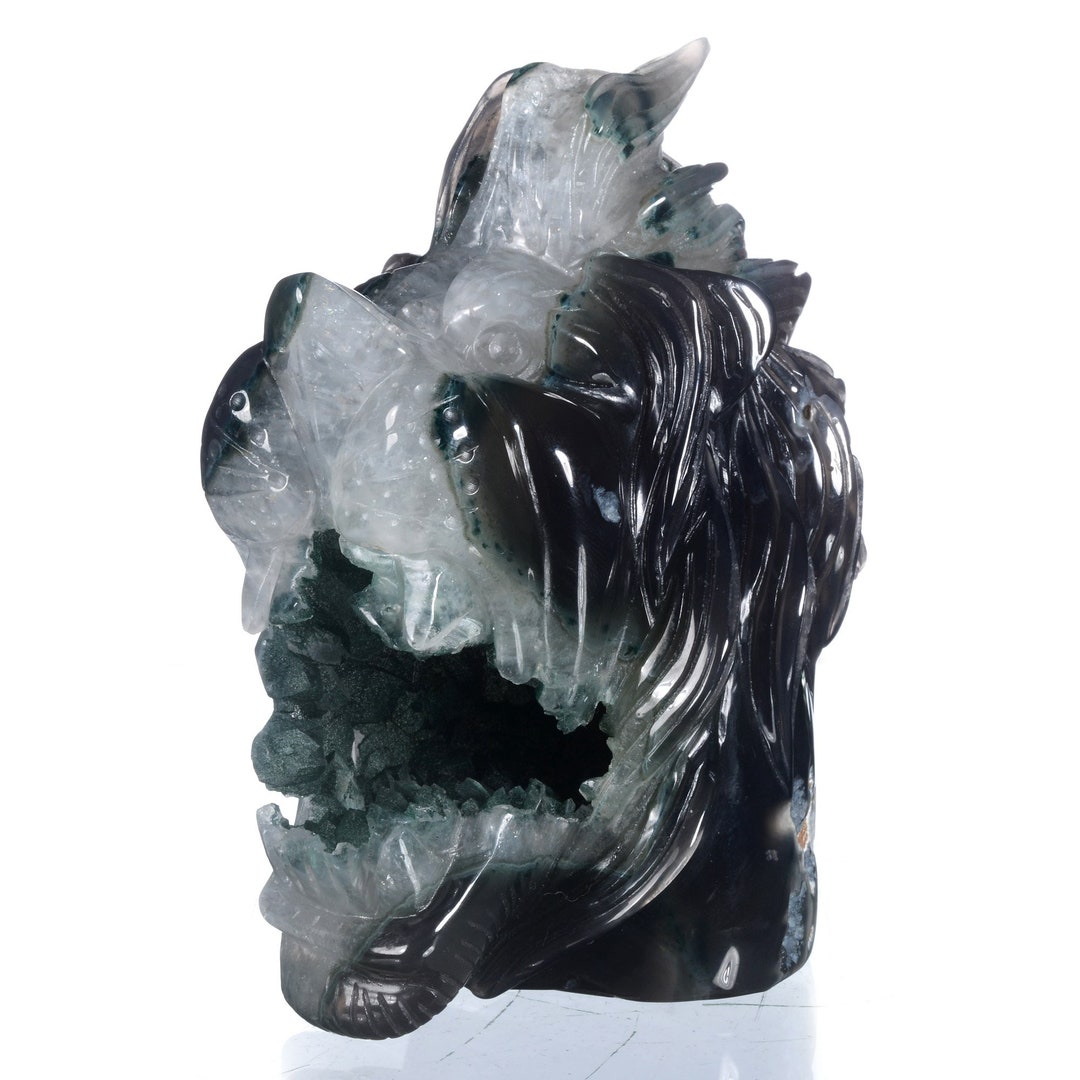4.69 731g Natural Geode Agate Hand Carved Lion Head Sculpture, Animal ...
