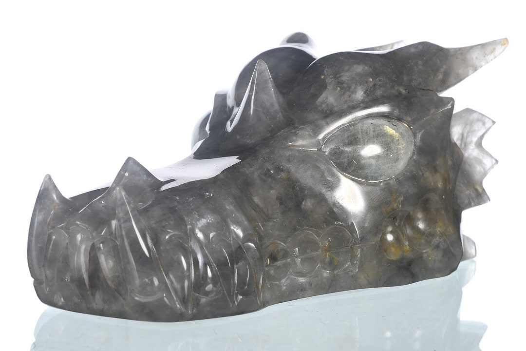 7.09 1284g Gray Quartz Crystal Hand Carved Dragon Skull Head Sculpture ...