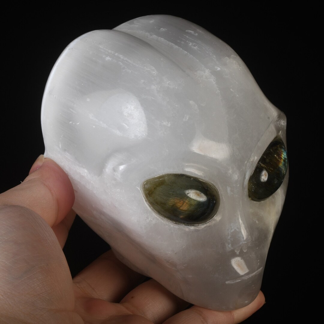 4.17" 1135g New Arrival! Selenite Hand Carved Alien Head Sculpture With ...