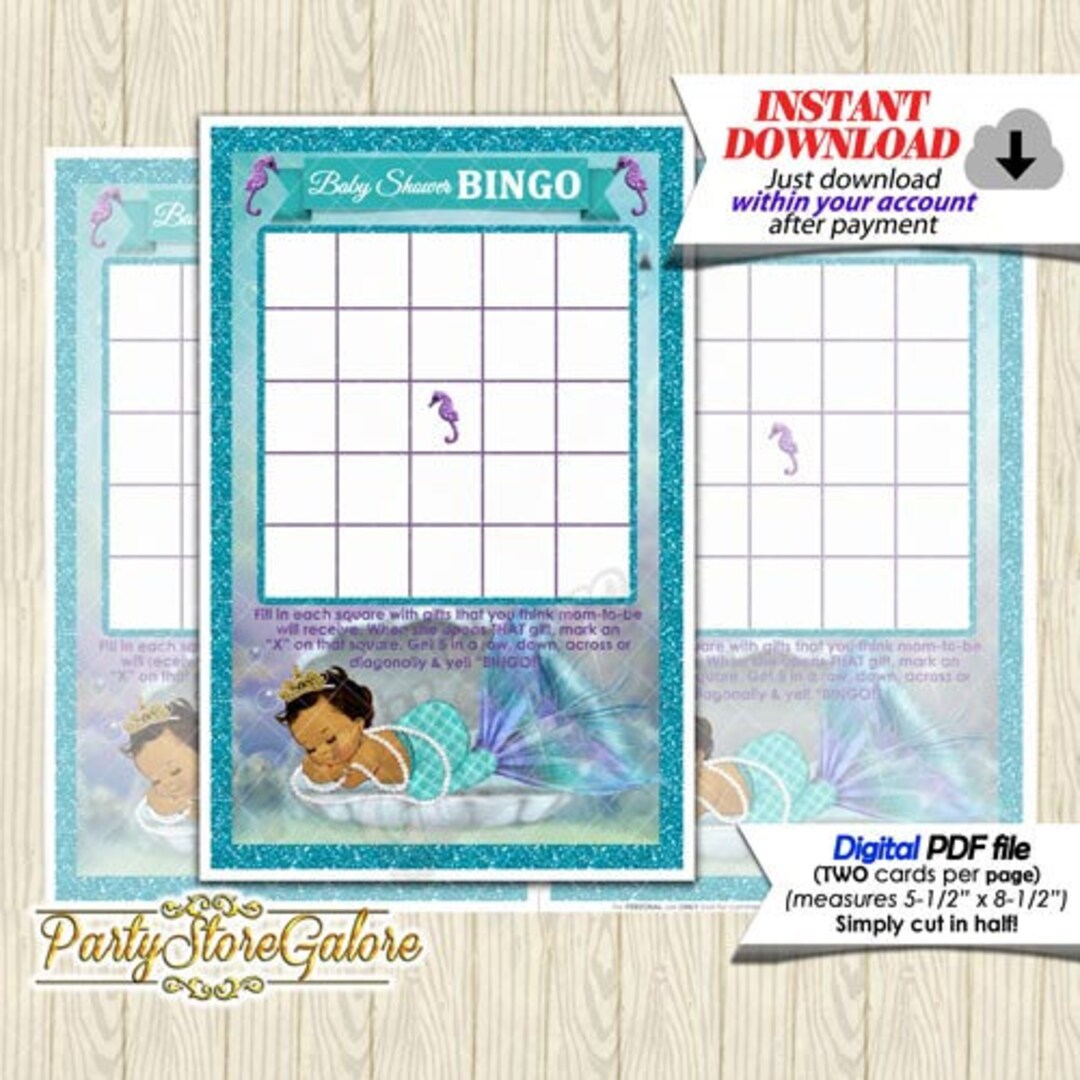 Mermaid Baby Shower Games Bingo Cards Under the Sea Ocean Girls ...