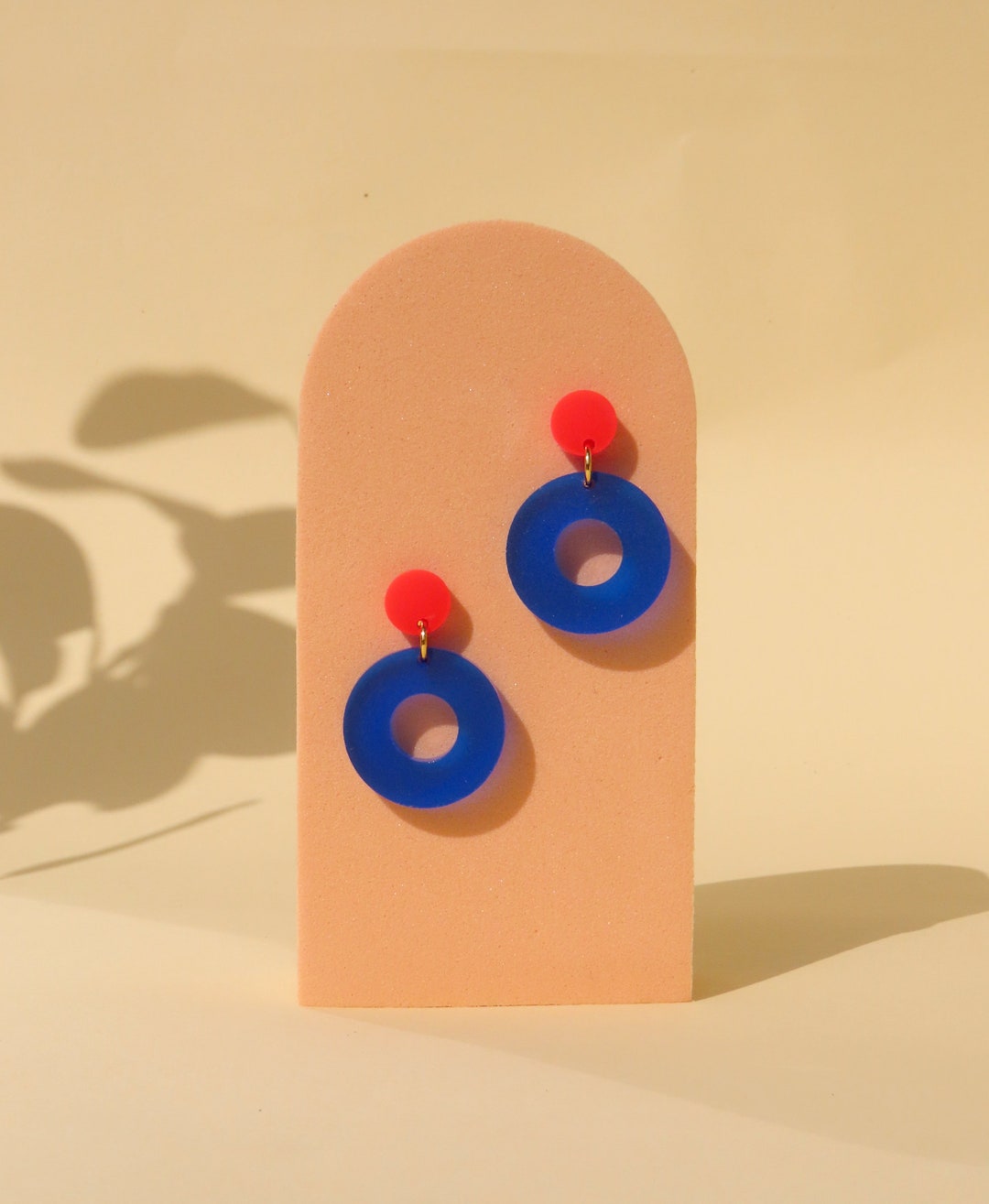 Colorblock Circle Stud Earrings in Fire Red Ink Blue - Etsy