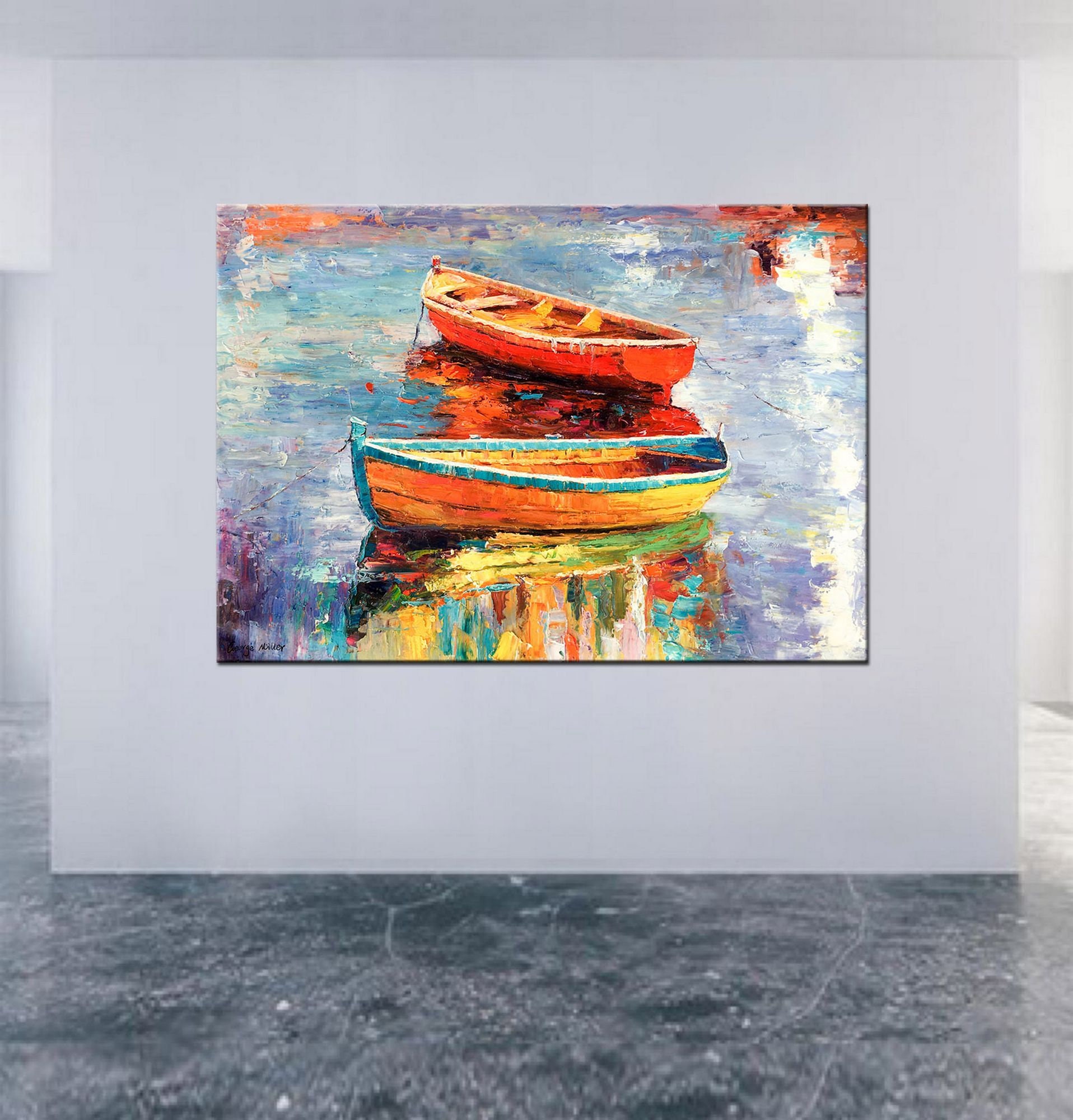 Oil Painting Fishing Boats Abstract Canvas Painting Kitchen | Etsy