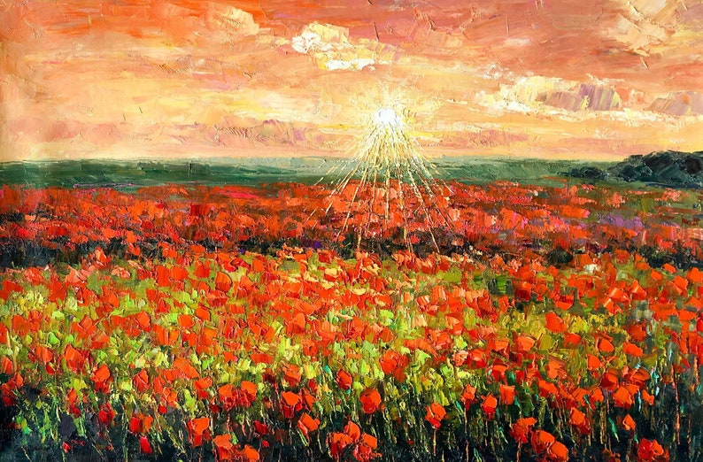 Large Landscape Oil Painting Poppy Fields at Dawn Original | Etsy
