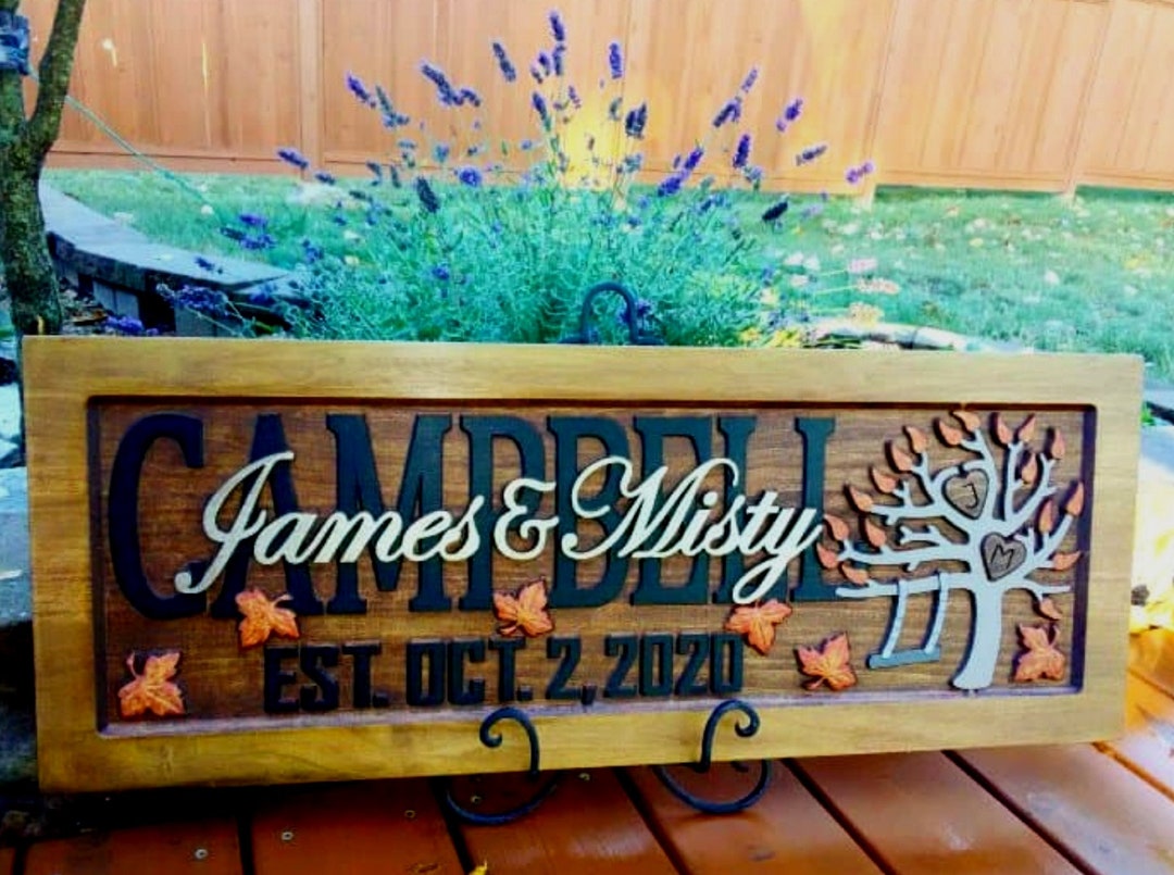 Autumn Leaves Initials in Tree Hearts Wedding Gift Personalized Carved ...