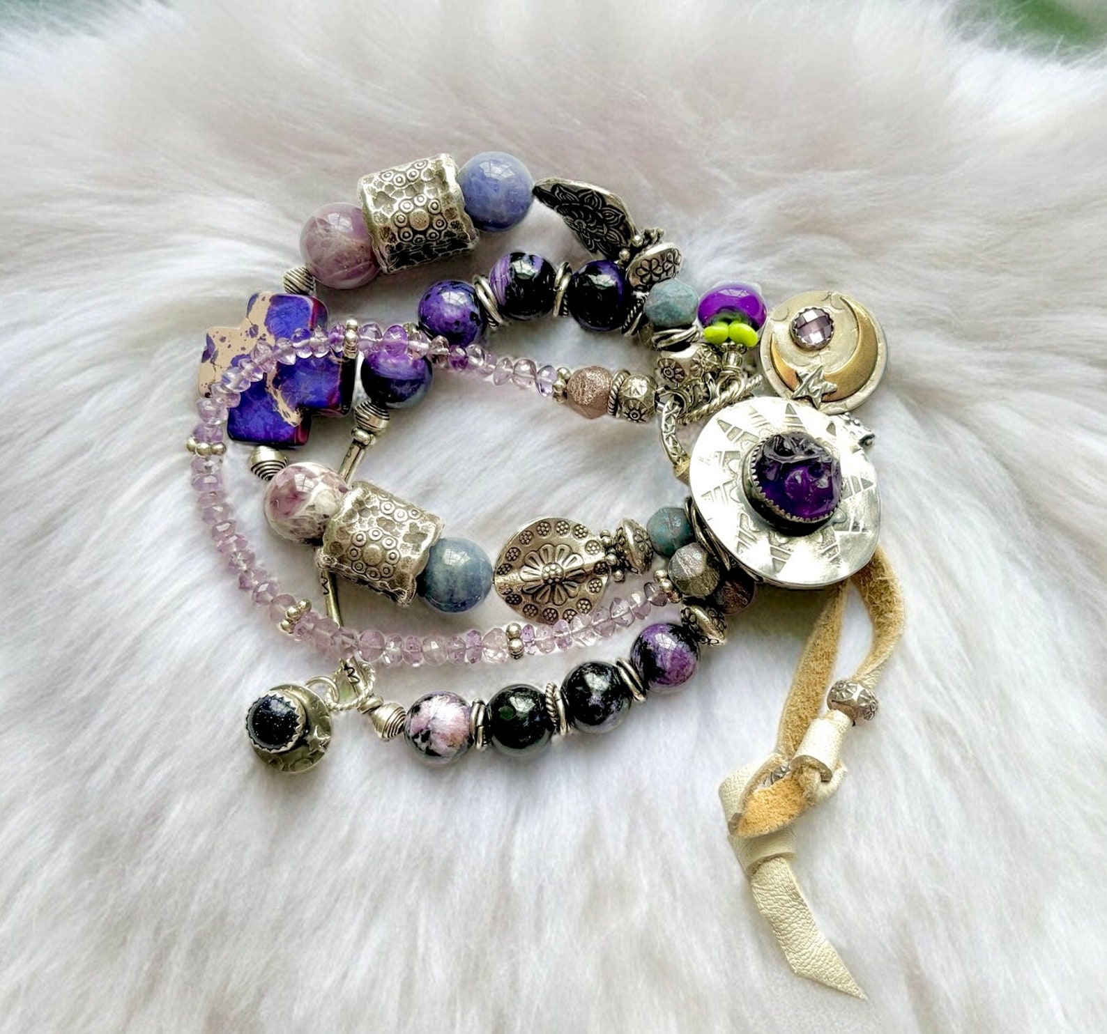 OOAK, Artisan Boho Sunshine Daydreams Bracelet, Triple Strand, Amethyst, Sun, Moon, Stars, Karen ...