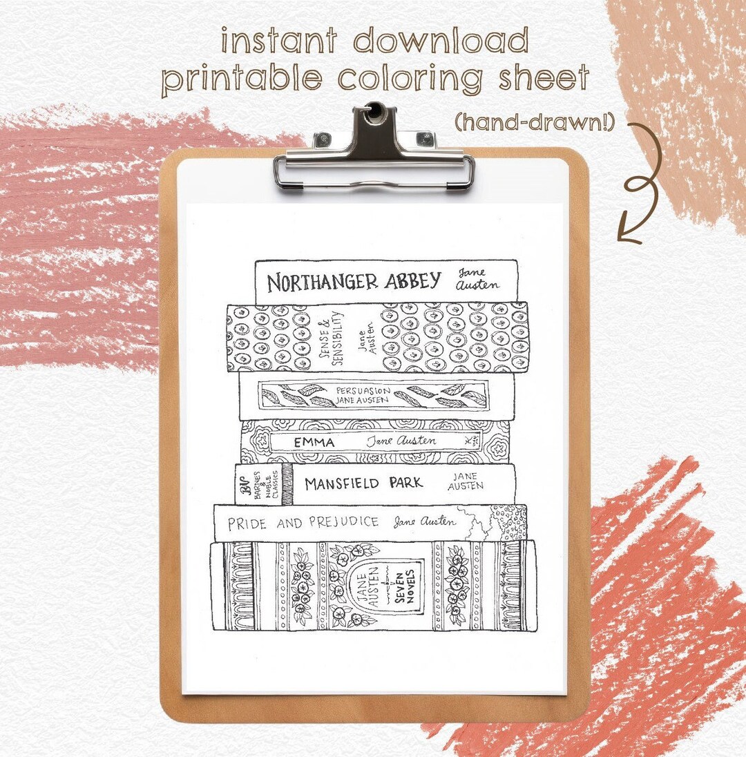 Jane Austen Book Stack COLORING SHEET - Instant Download Printable ...