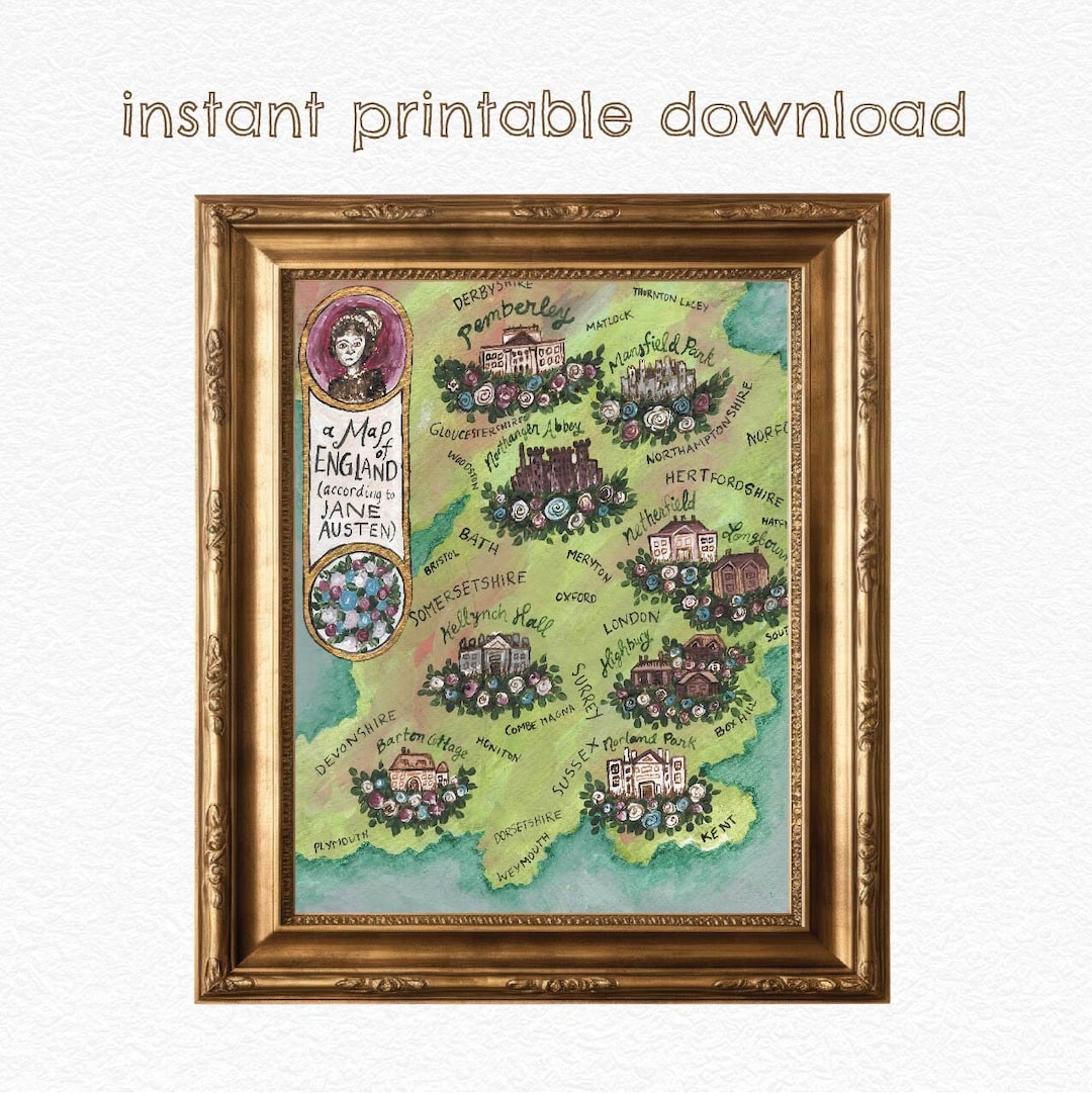 Jane Austen's Map of England DIGITAL DOWNLOAD Literary Art Print - Etsy