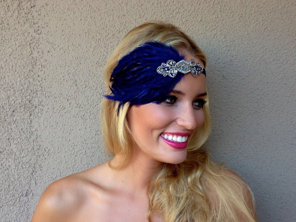 Royal blue fascinator Silver beaded headpiece Great Gatsby | Etsy