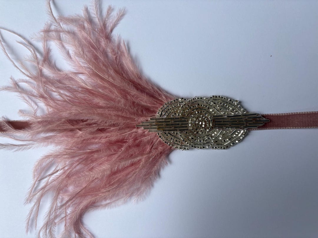 Art Deco Feather Headband: Silver Beaded Ostrich Fascinator, Velvet ...