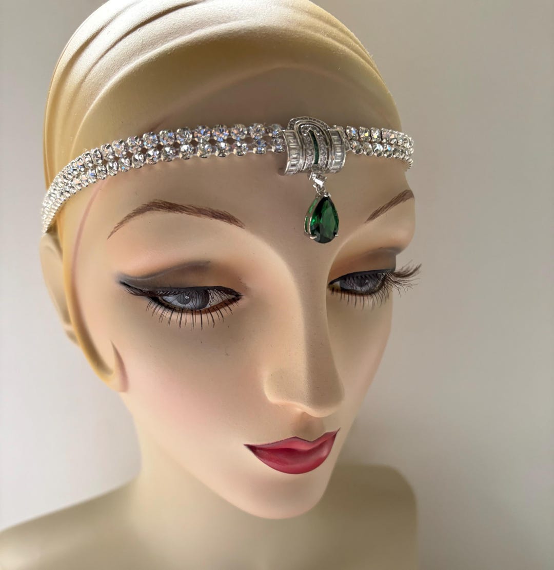 Great Gatsby 1920s Headpiece, Art Deco Green Emerald Headband, Dangle ...