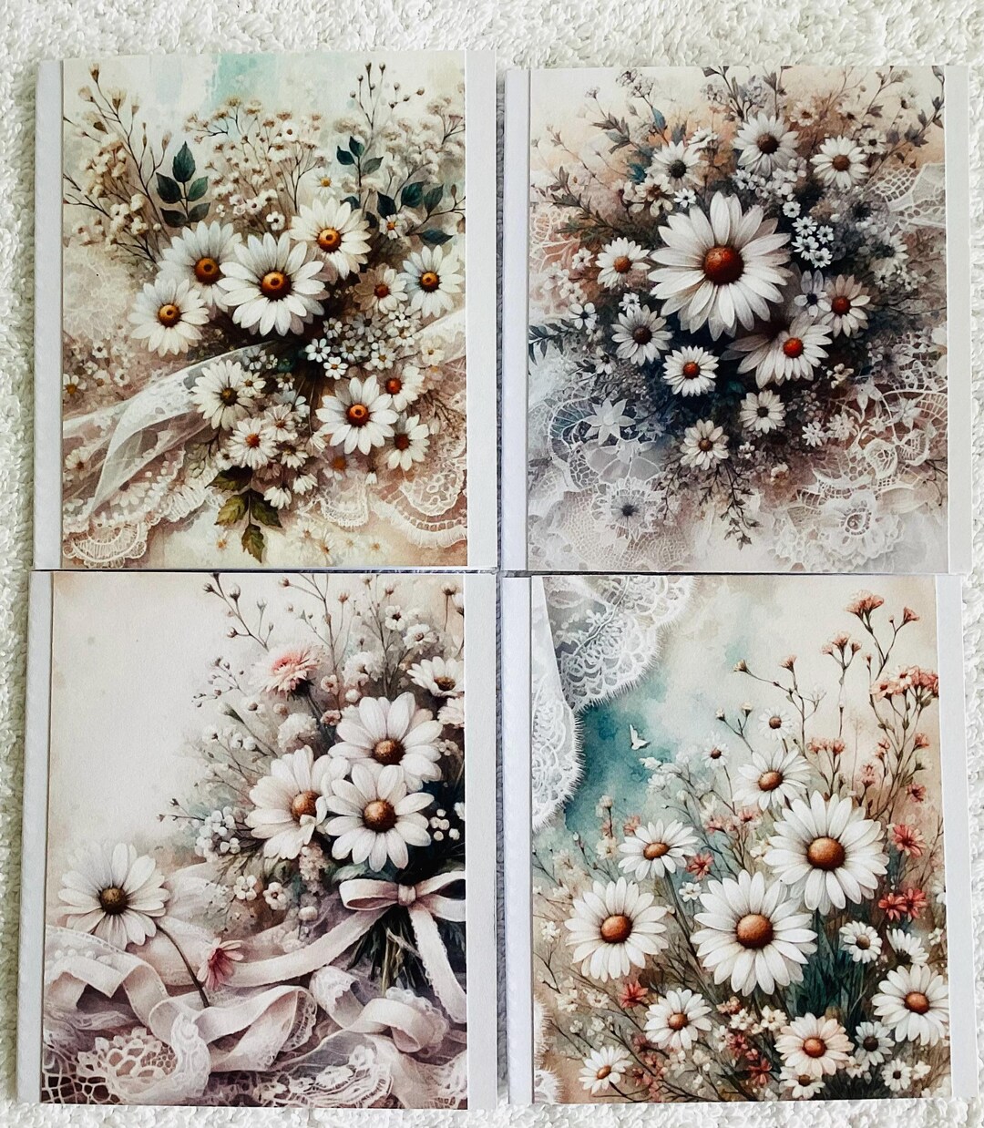 Note Cards..shabby Chic.daisies and Lace..pack of 4 Note Cards.thank ...