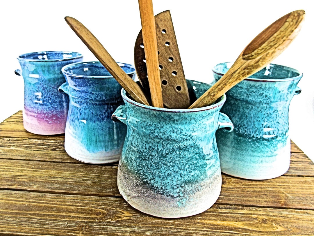 Ceramic Spoon Holder, Kitchen Utensil Jar, Pottery Crock Handmade ...
