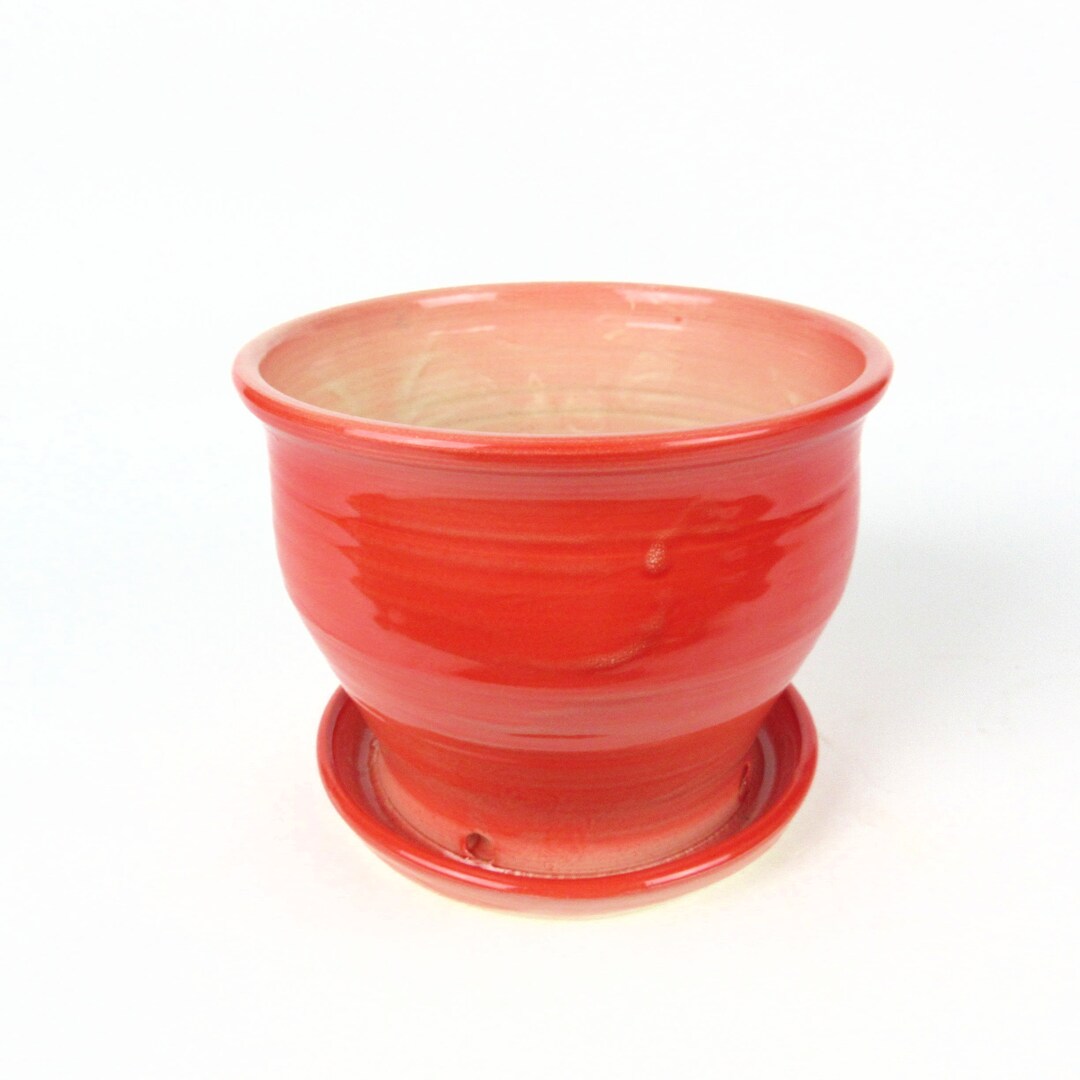 Large Dark Orange Red Ceramic Plant Pot With Drainage, 6.5 Inches Wide ...