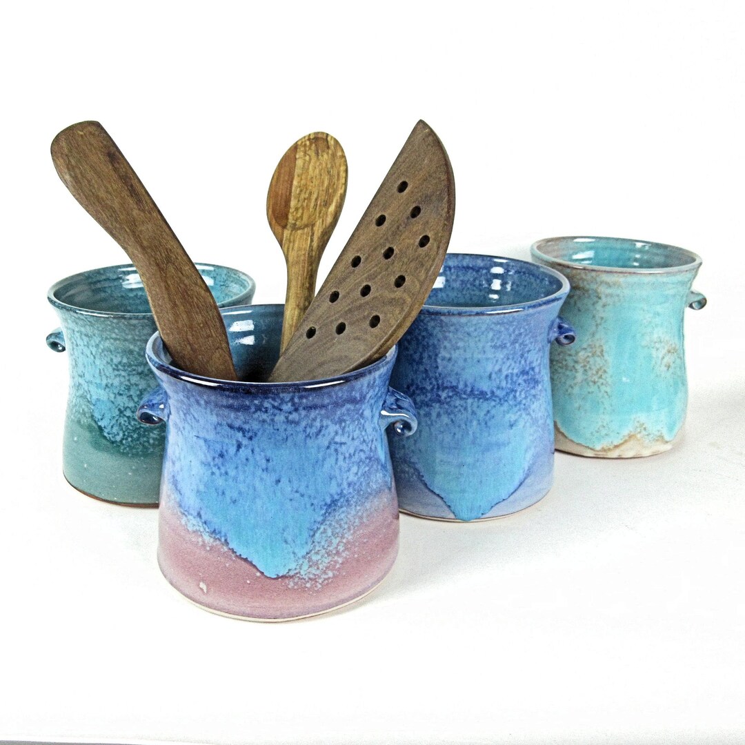 Ceramic Spoon Holder, Kitchen Utensil Jar, Pottery Crock Handmade ...