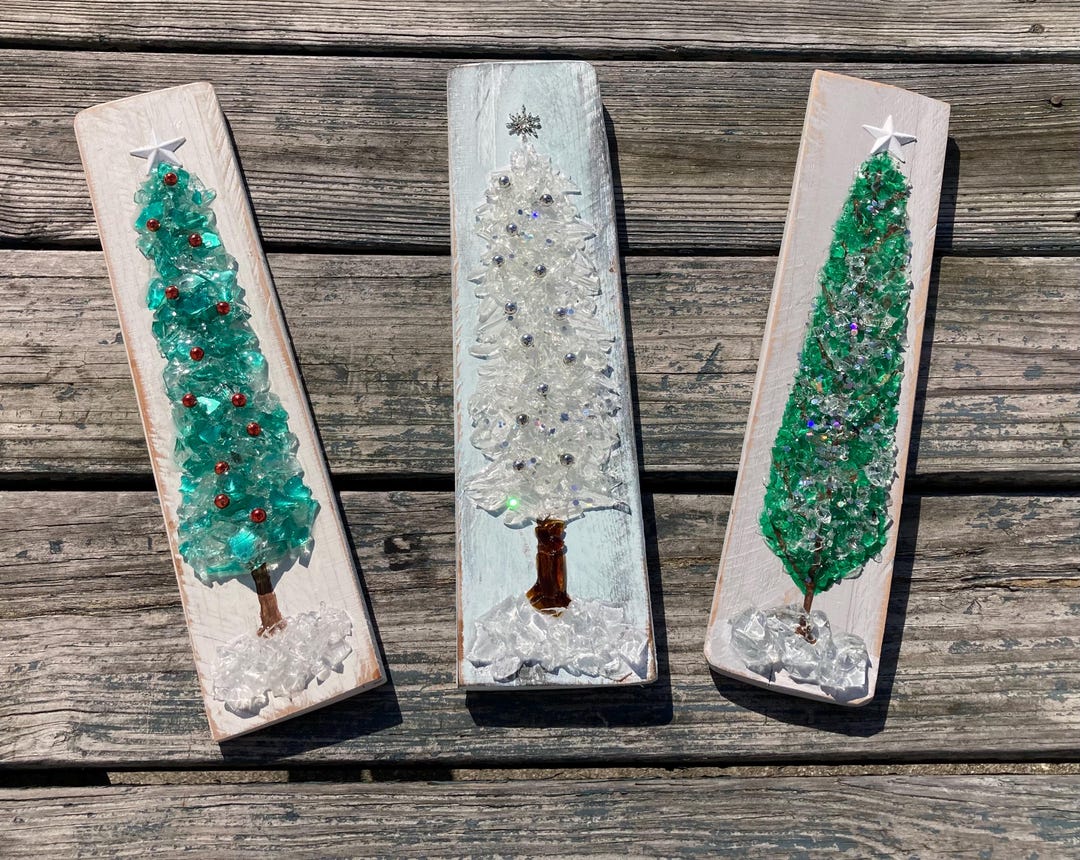 Christmas Tree Glass Art/ Christmas Art/ Rustic Decor/ Crushed Glass ...